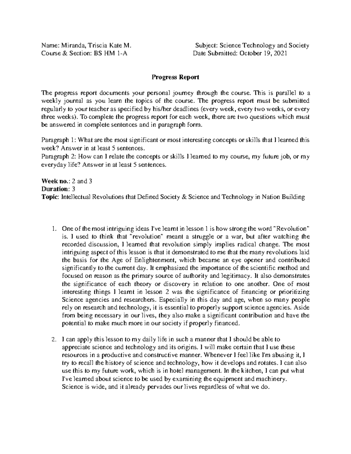 Progress Report Lesson 2 AND 3 Miranda, Triscia Kate M - Science ...