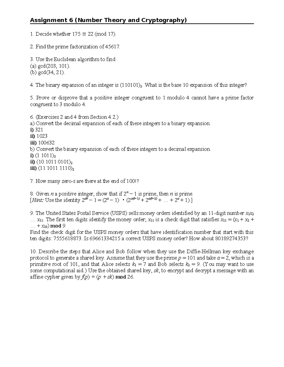 Assignment 10 (Number Theory and Cryptography - COSC 2375 Discrete ...