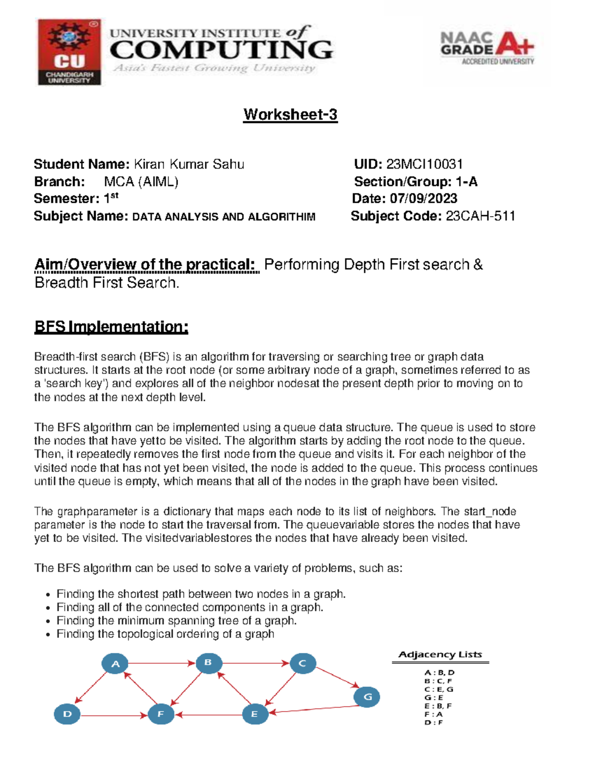 23MCI10031 Kiran Kumar Sahu daa.exp 3 bfs dfs - Worksheet- 3 Student Name: Kiran Kumar Sahu UID ...