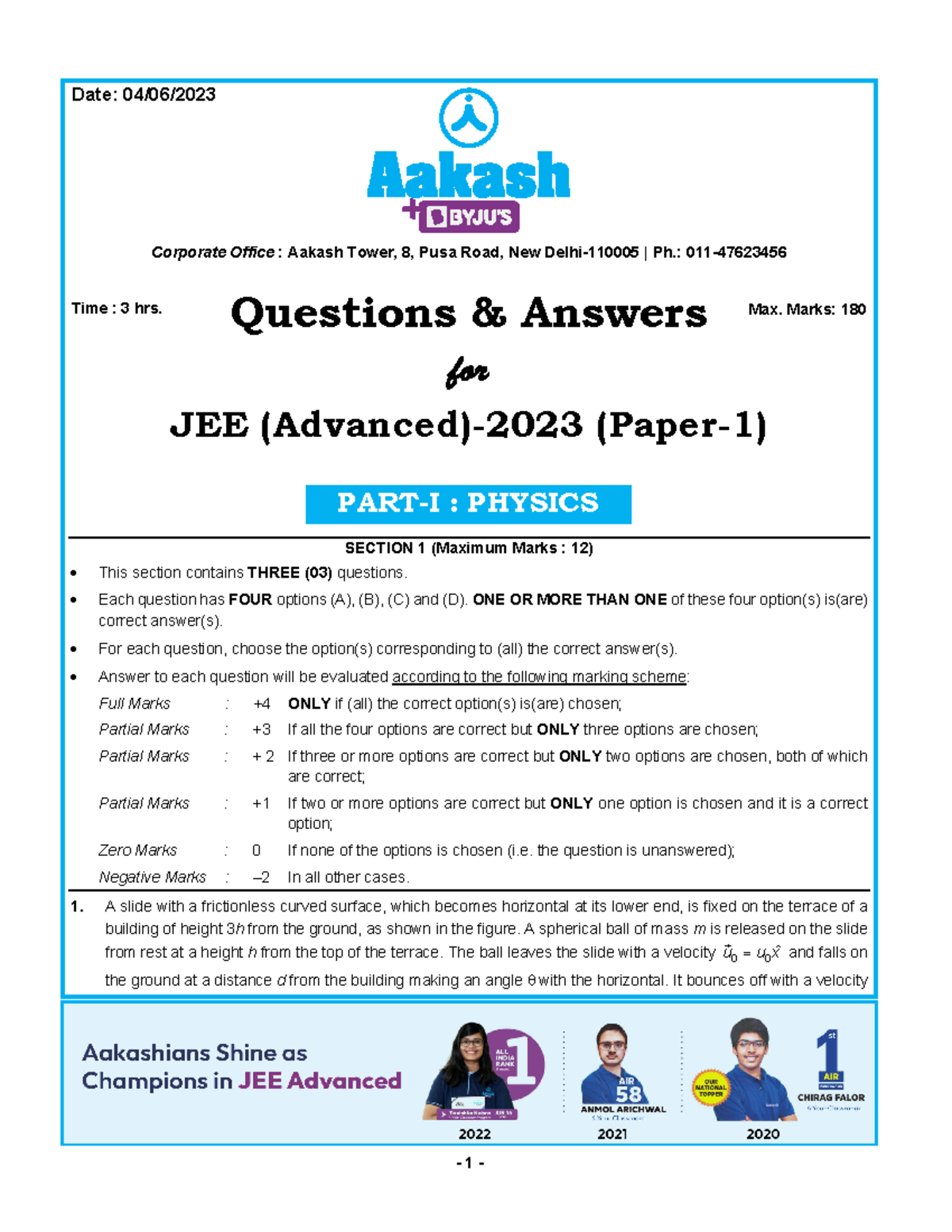 JEE Advanced 2023 Question Paper and Answer Key Paper 1 - Corporate ...