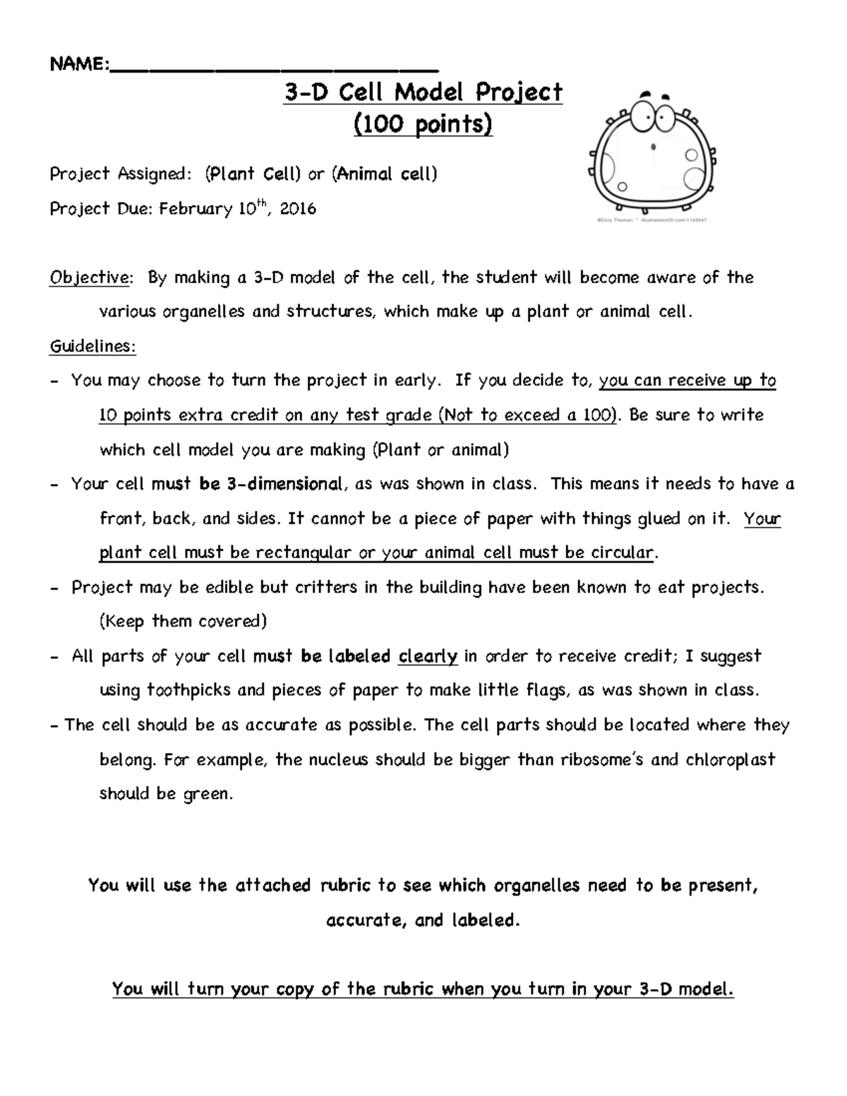 3-D Cell Model project and rubric - NAME:_________________________ 3-D ...