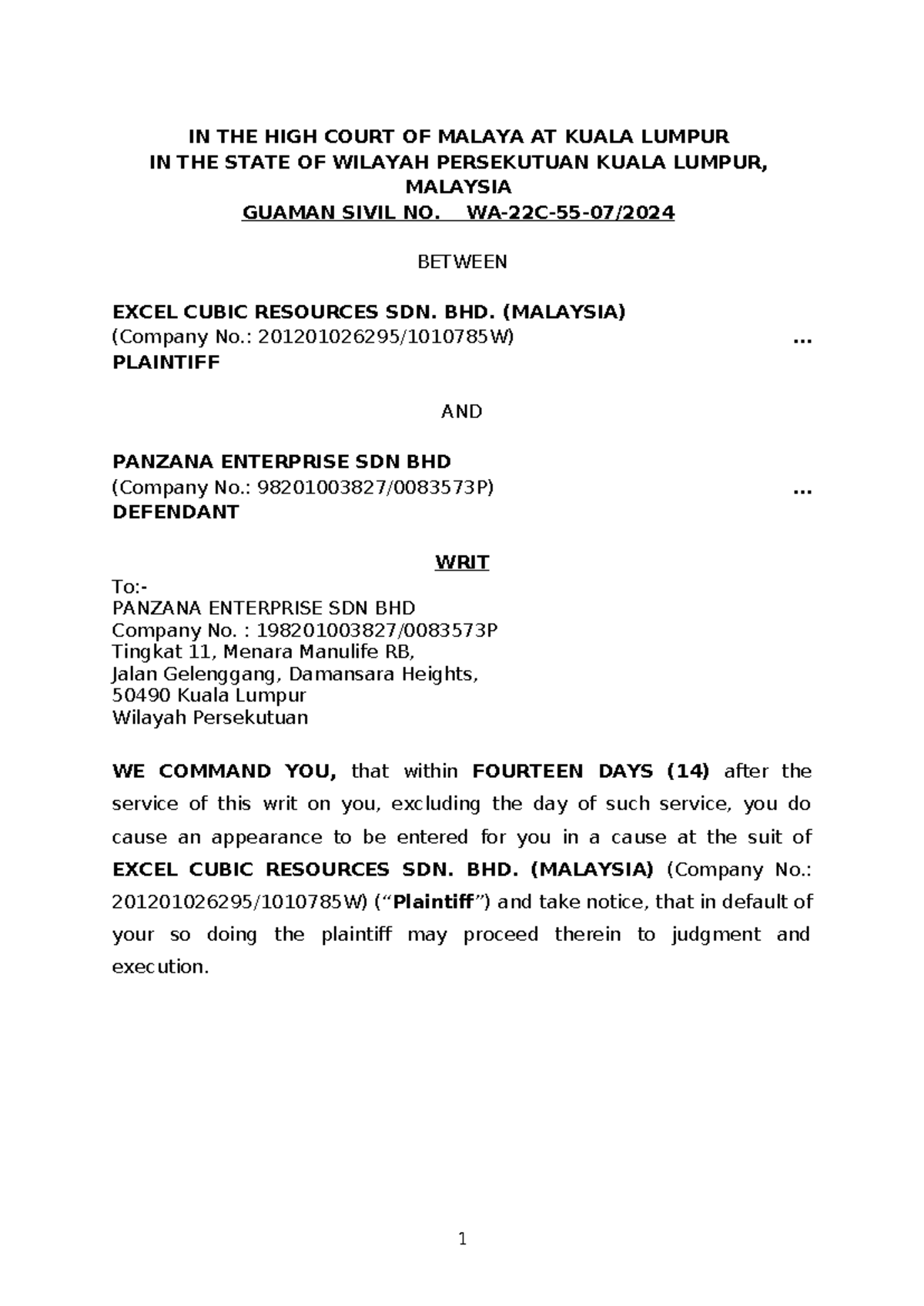 Draft Writ civil procedure - IN THE HIGH COURT OF MALAYA AT KUALA ...