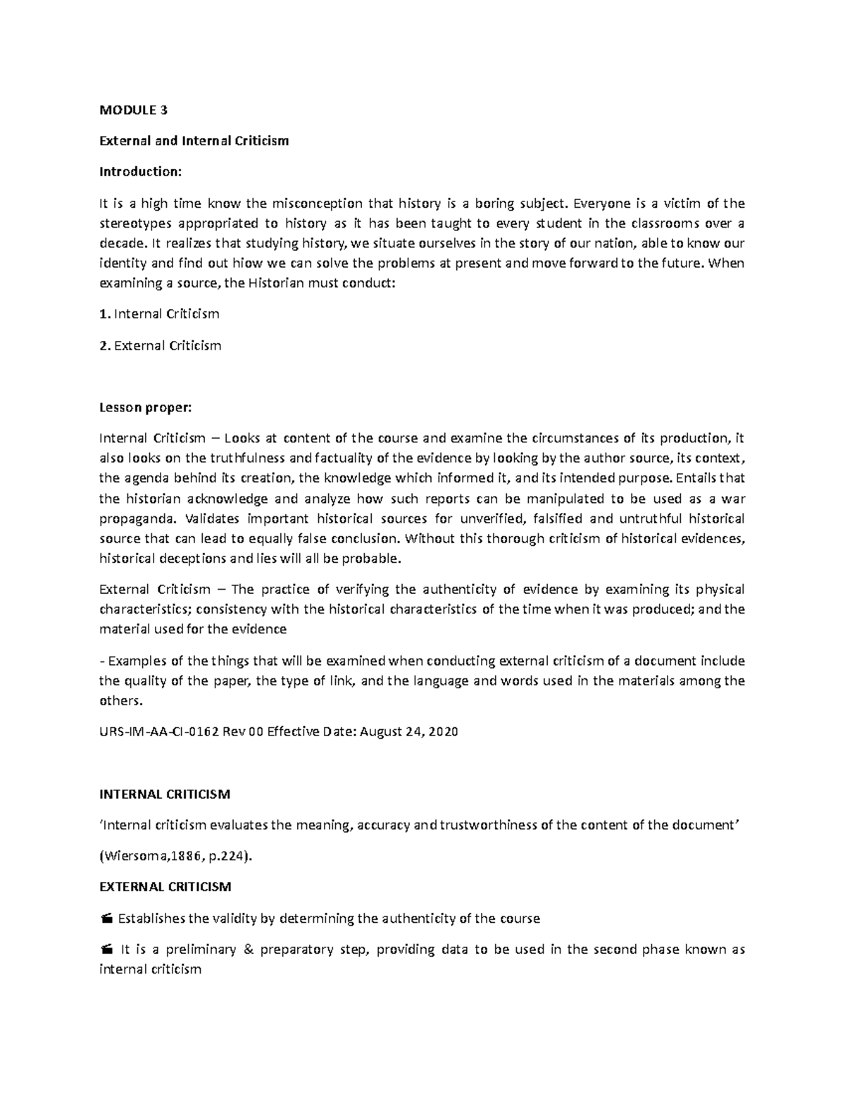 History 1 Module 3 - RPH1 - MODULE 3 External and Internal Criticism ...