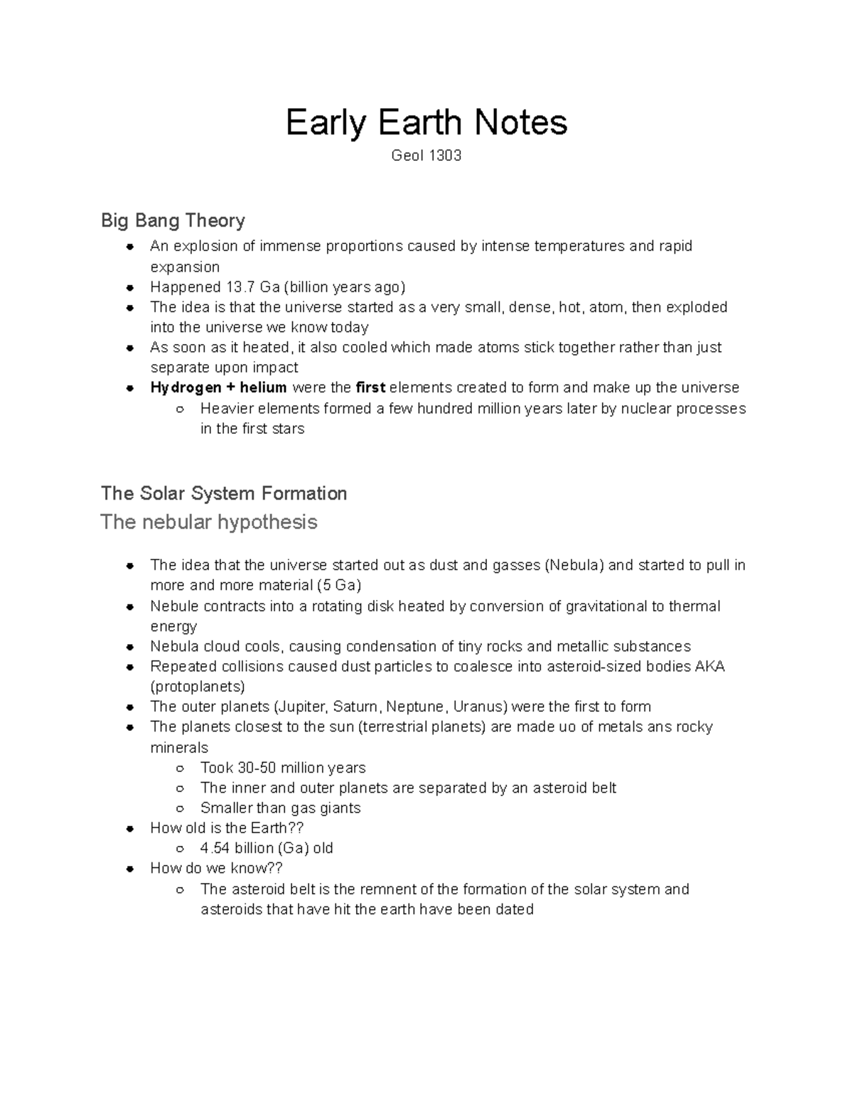 Early Earth Notes - Lecture 2 Prof. H - Early Earth Notes Geol 1303 Big ...