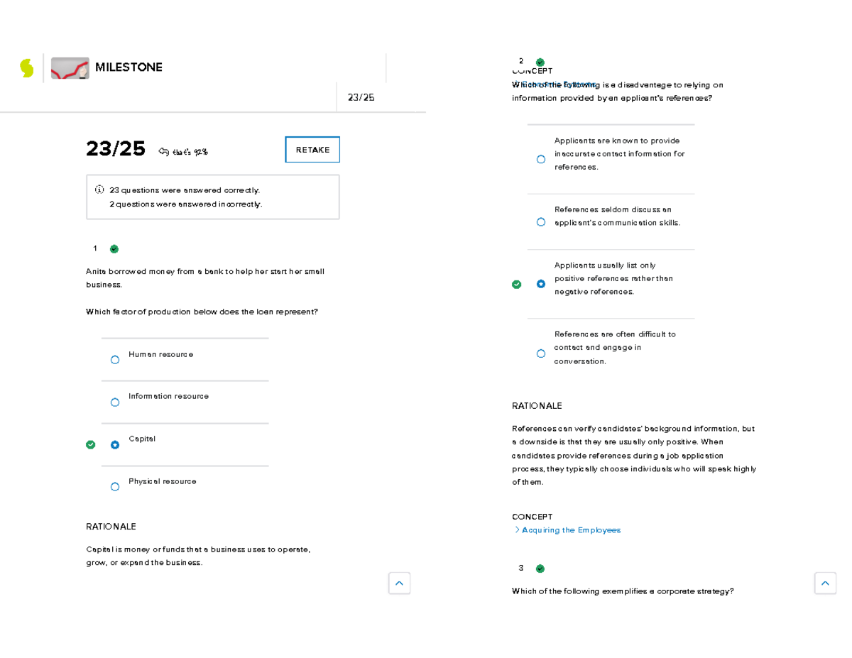 Intro to Business Milestone Final - 1 23 / 25! that's 92% RETAKE " 23 ...
