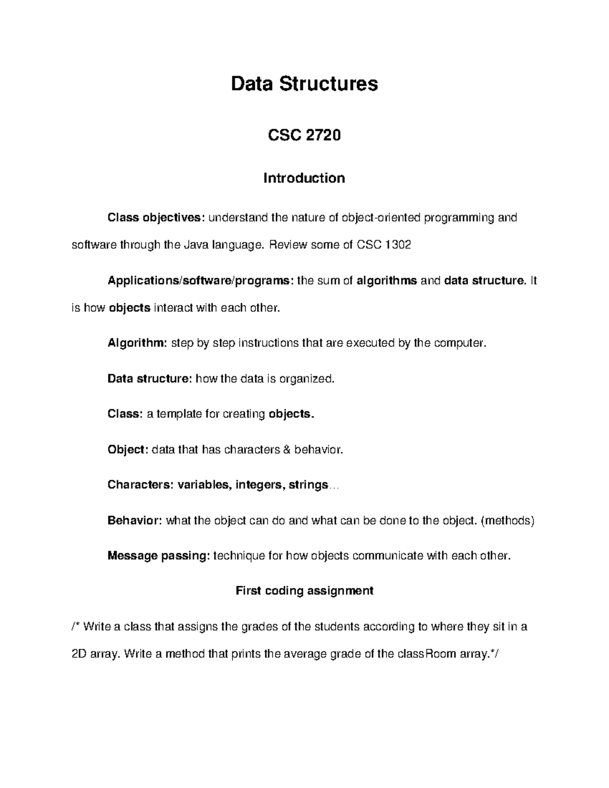 1302 concepts and exercises. - Data Structures CSC 2720 Introduction ...