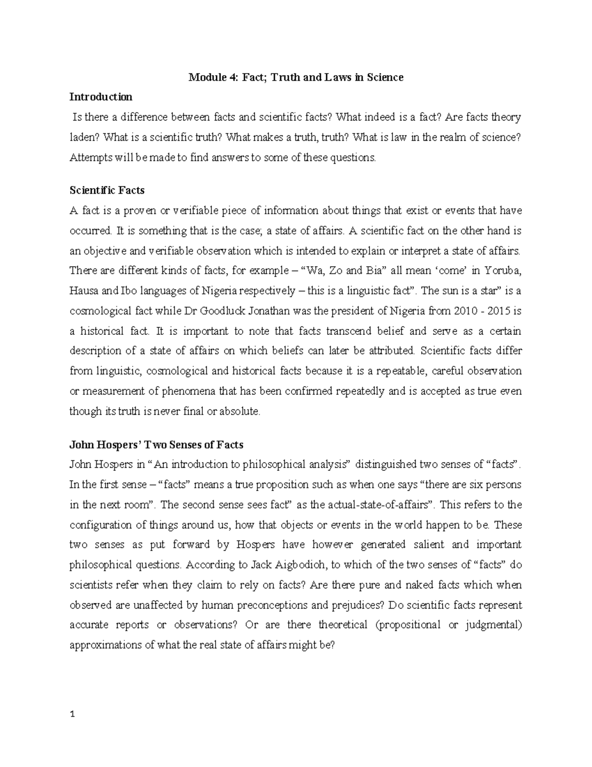 Module 4- Fact-Truth and Laws in science - Module 4: Fact; Truth and ...