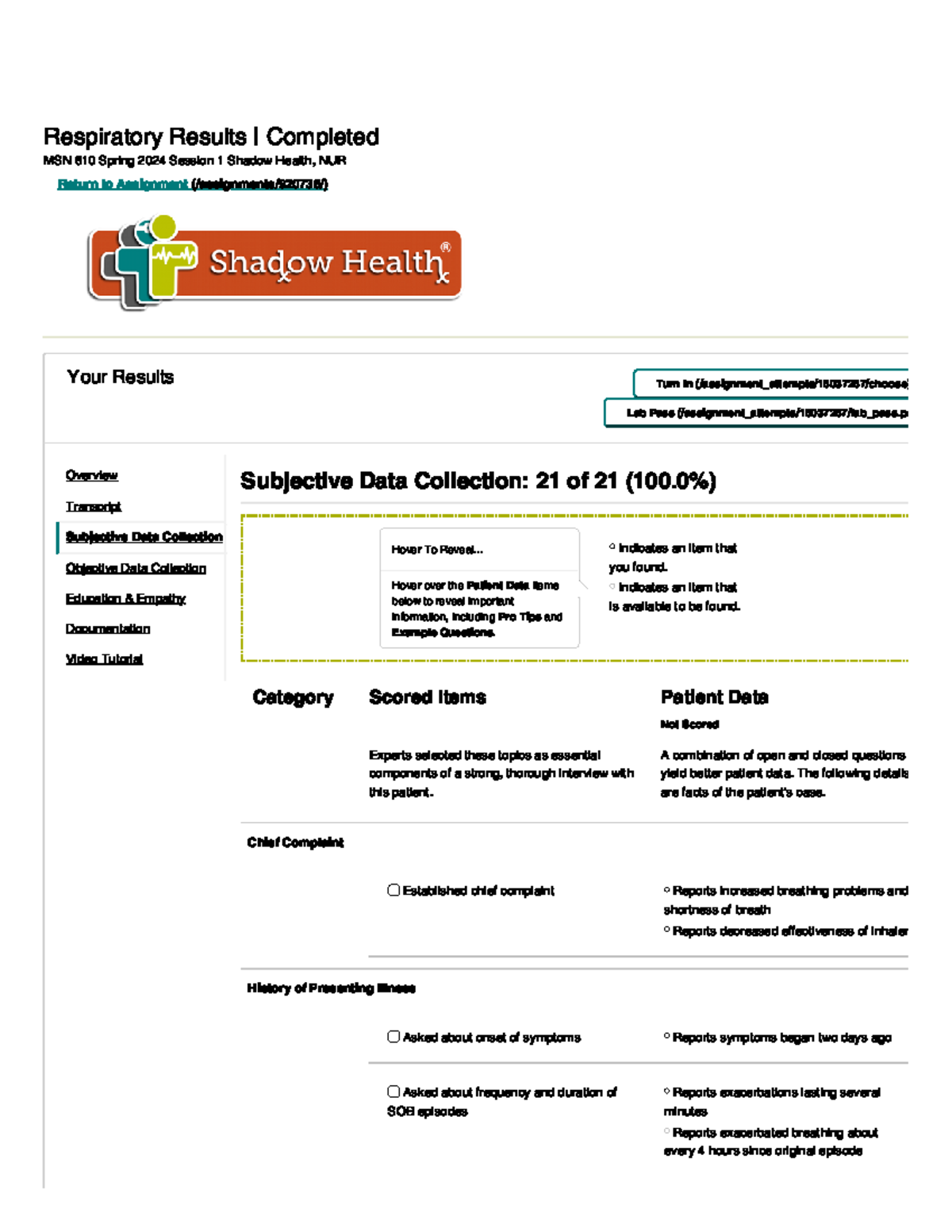 Shadow Health Respiraotry TIna Jones - Respiratory Results | Completed ...