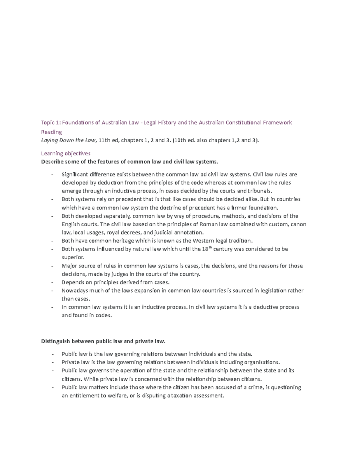 LAW100 foundations of law study notes. update - Topic 1: Foundations of ...