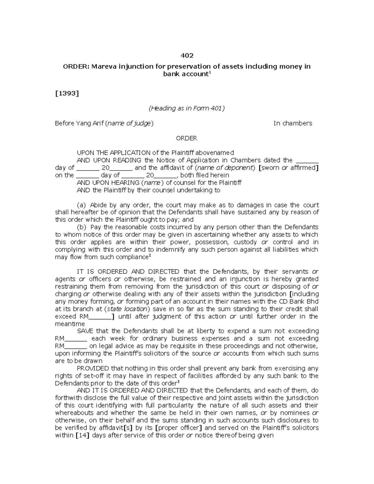 402 Order Mareva injunction for preservation of assets including money in bank account - 402 ...