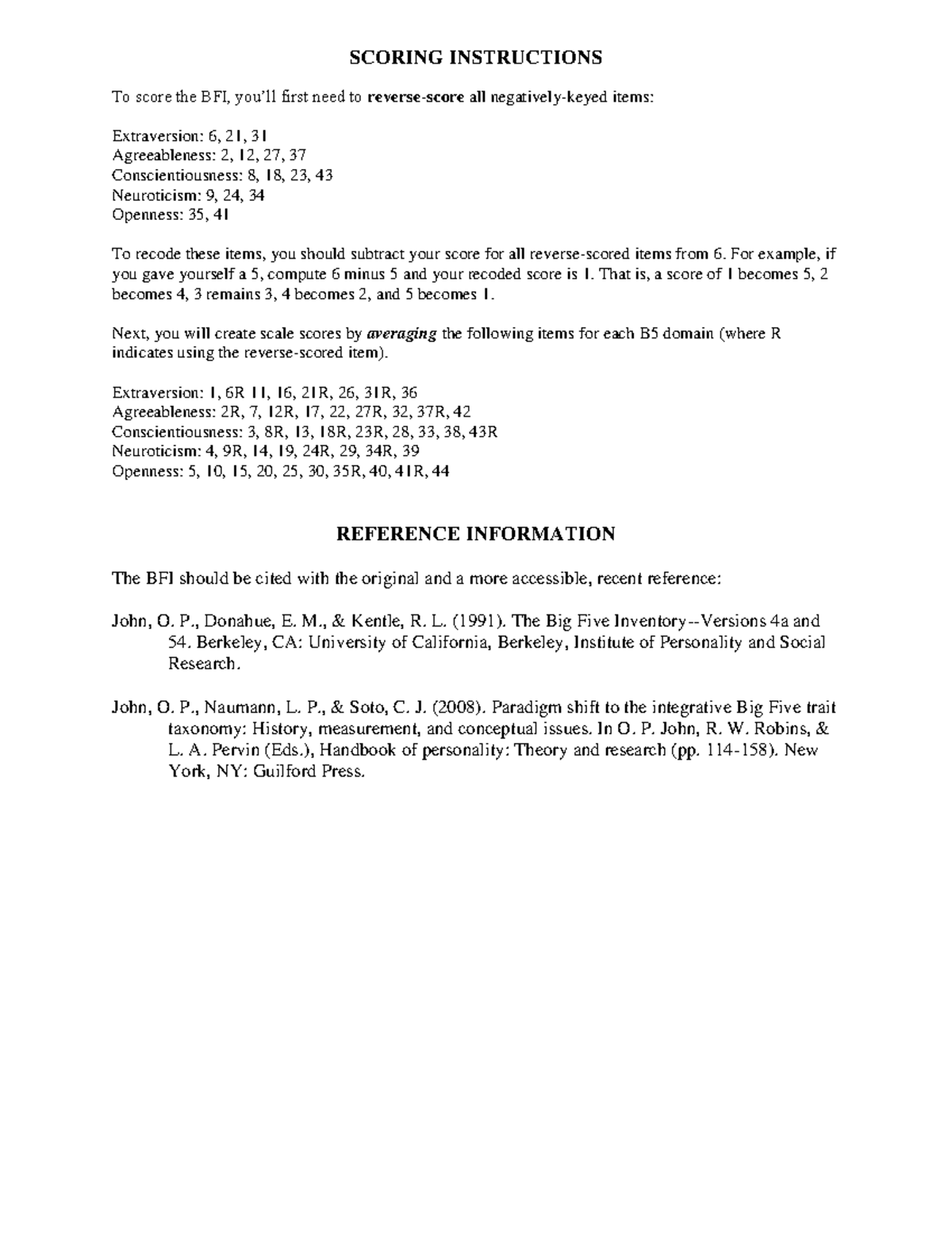 BFI-Scoring - ydye - SCORING INSTRUCTIONS To score the BFI, you’ll ...