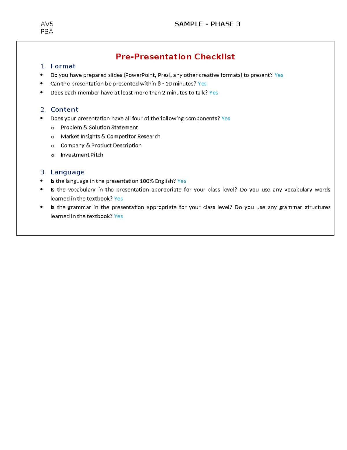 Anh văn 5 Sample PBA Manual - Phase 3 - Prepesentation Checklist - AV5 ...