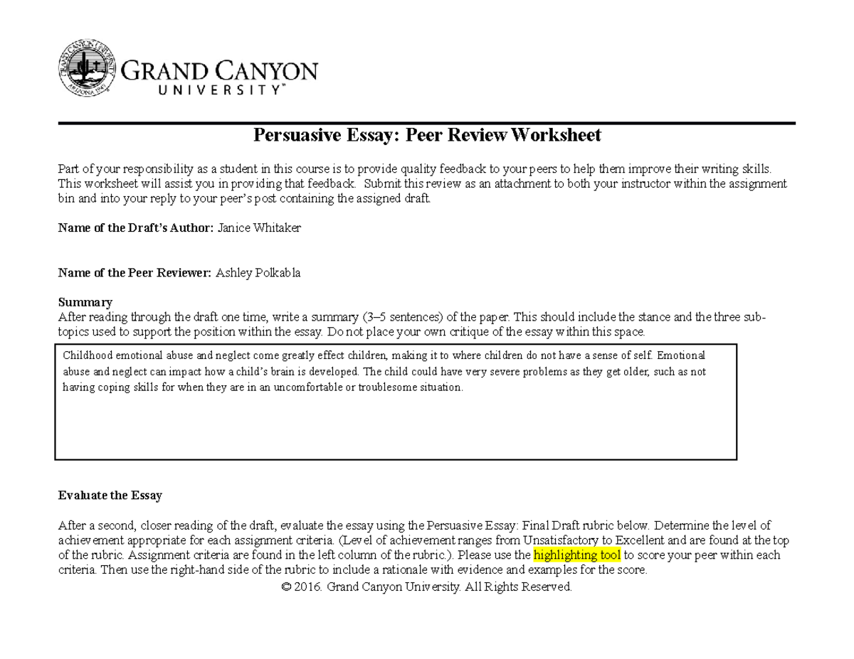Updated Correct Peer Review Worksheet - Persuasive Essay: Peer Review ...