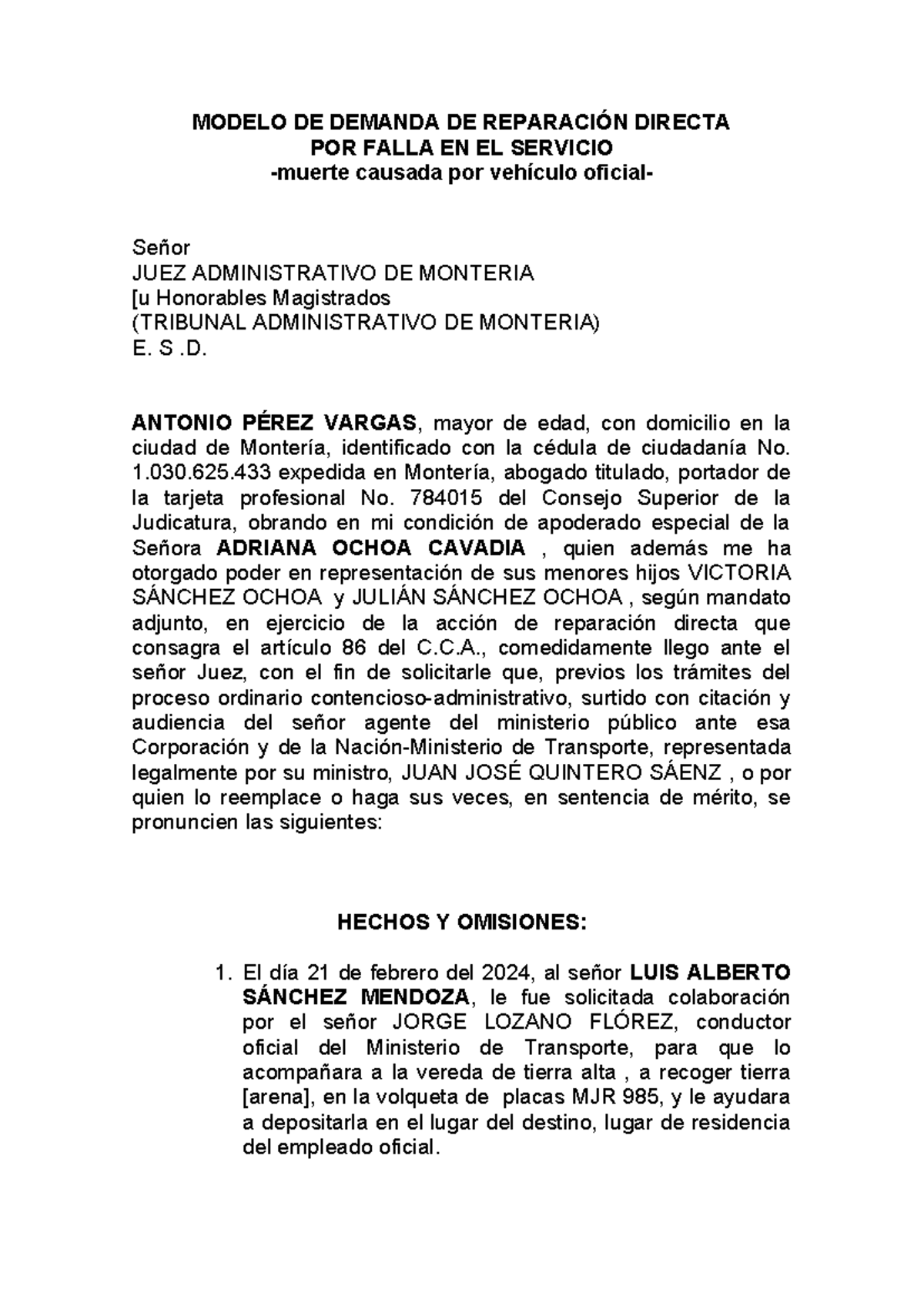 Demanda Reparacion Directa - MODELO DE DEMANDA DE REPARACIÓN DIRECTA ...