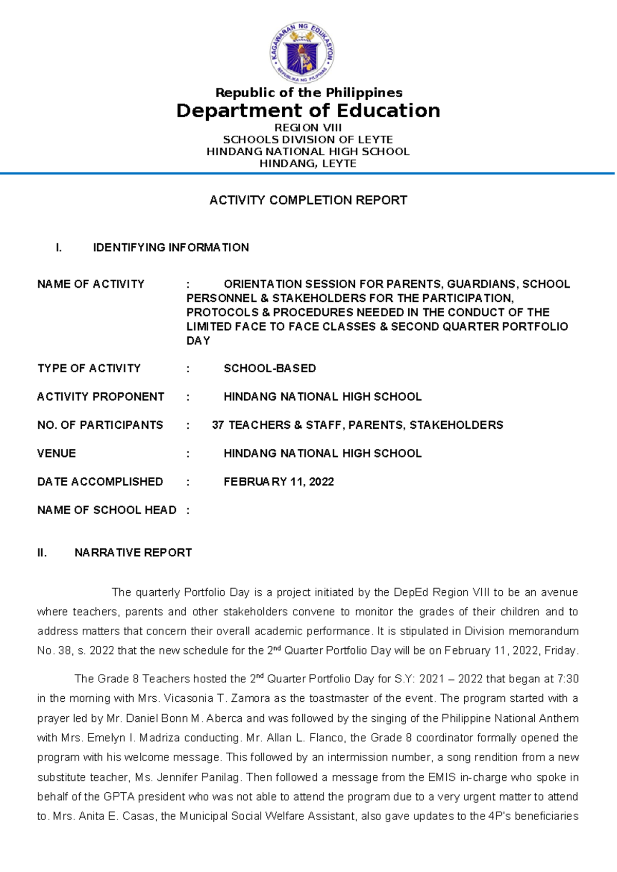 ACR parent's orientation - Republic of the Philippines Department of ...