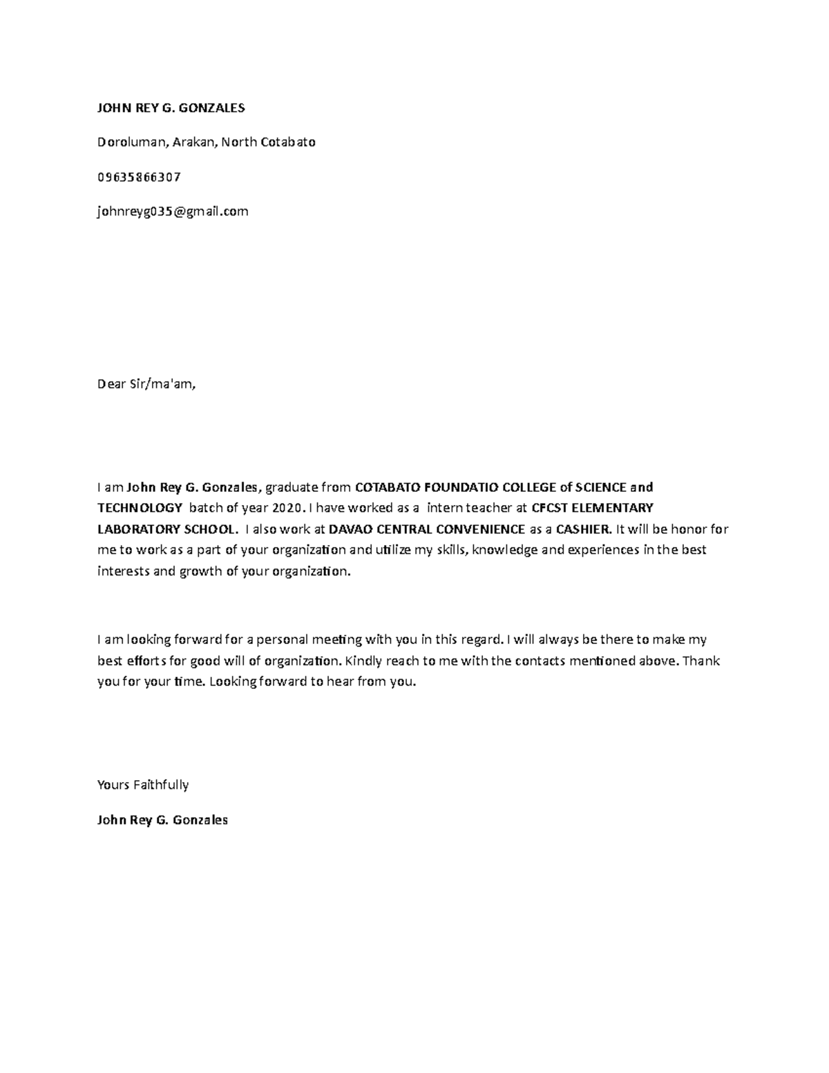 Application letter - Project - JOHN REY G. GONZALES Doroluman, Arakan ...