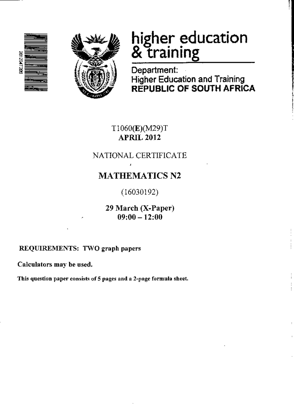 Mathematics N2 X-Paper Apr 2012 - Mathematics for business - Studocu