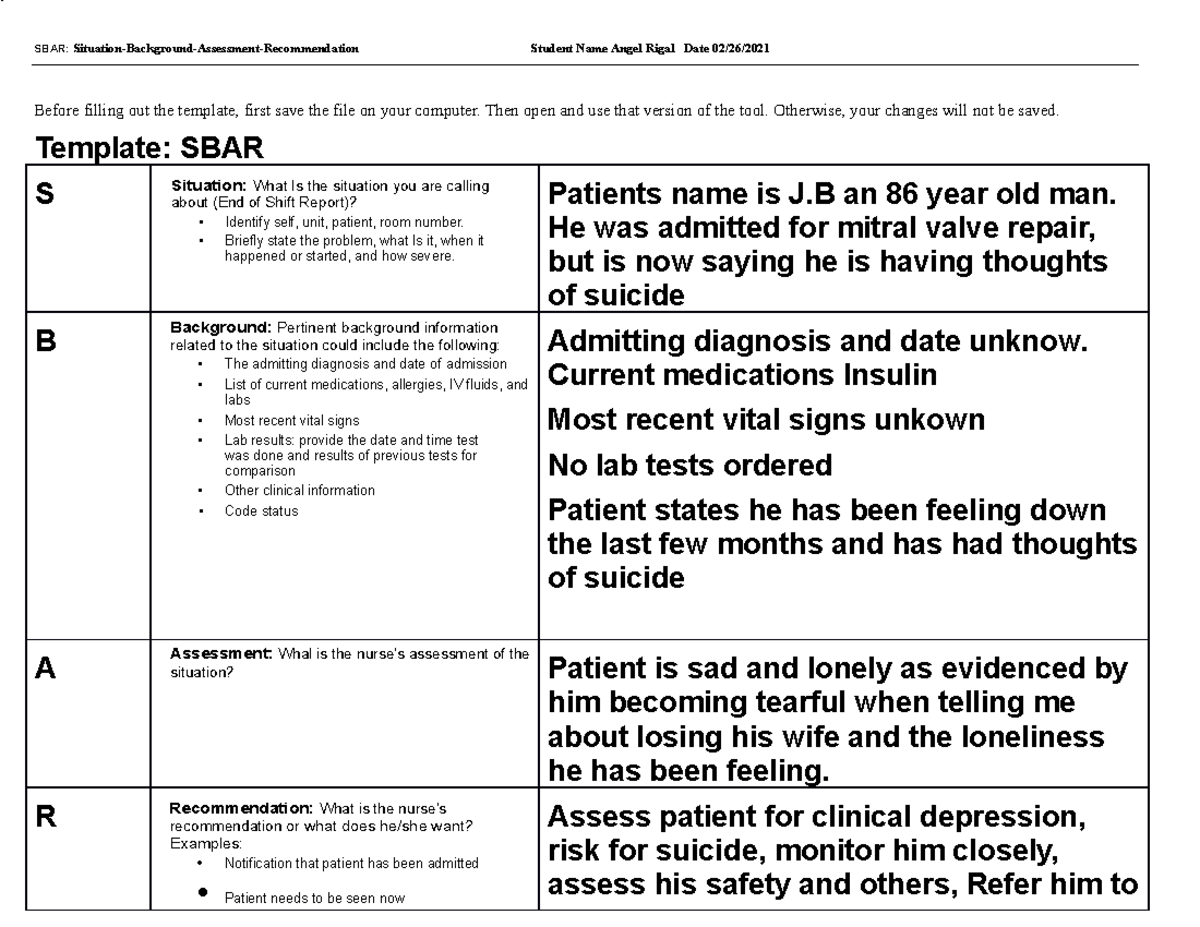 week 2 case study depressed patient with suicide thoughts - SBAR: - Studocu