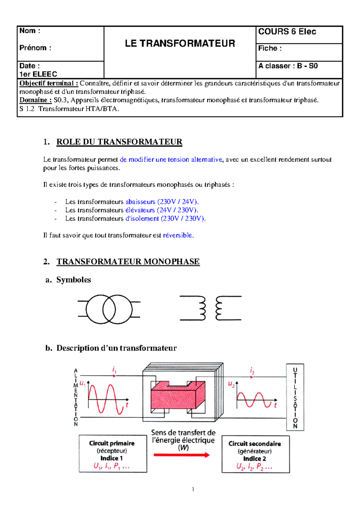 06 Transformateur - C'est mieux - Nom : COURS 6 Elec Prénom : Fiche : Date : 1er ELEEC LE - Studocu