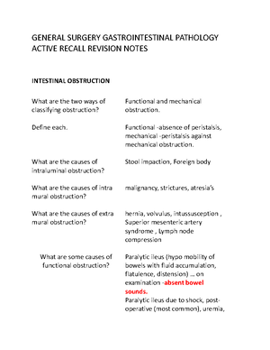 General Surgery Gastrointestinal Pathology Active Recall Revision Notes ...