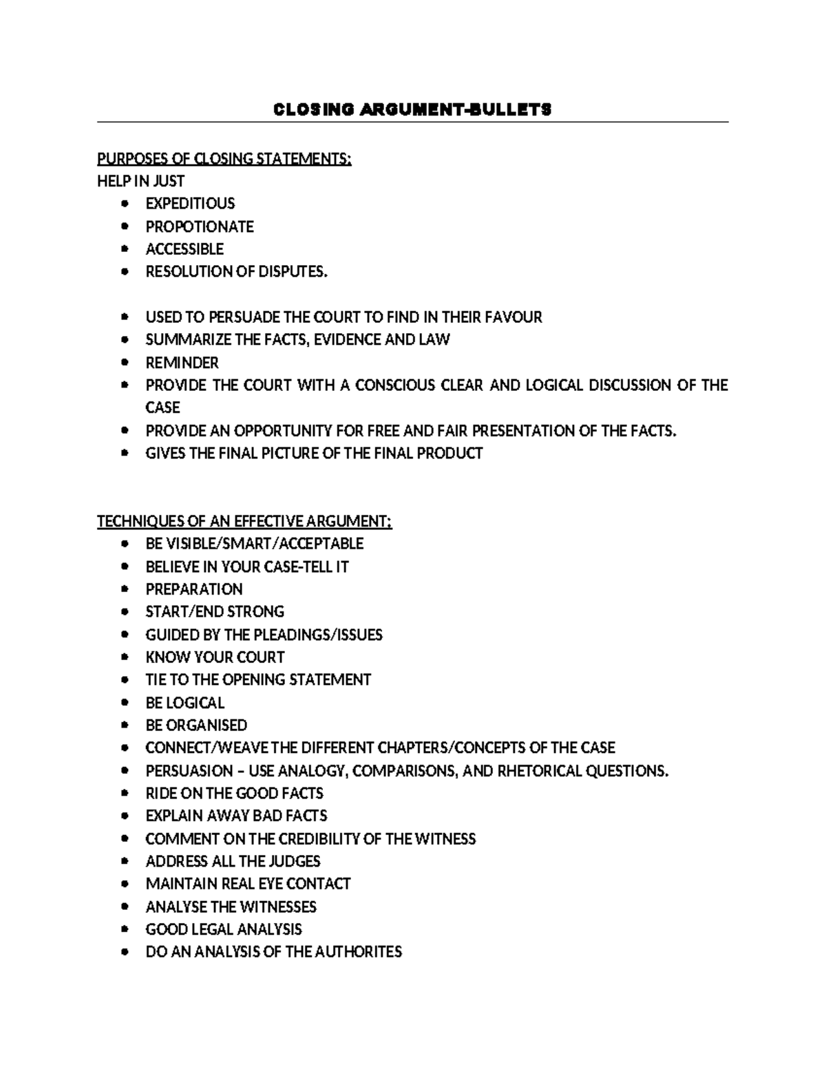 Techniques OF Closing Arguments - CLOSING ARGUMENT-BULLETS PURPOSES OF ...