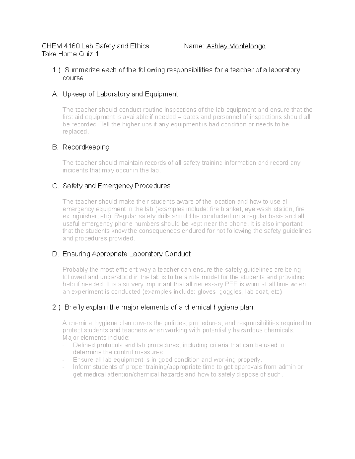 CHEM 4160 Spring 2020 Quiz 1 - CHEM 4160 Lab Safety and Ethics Name ...