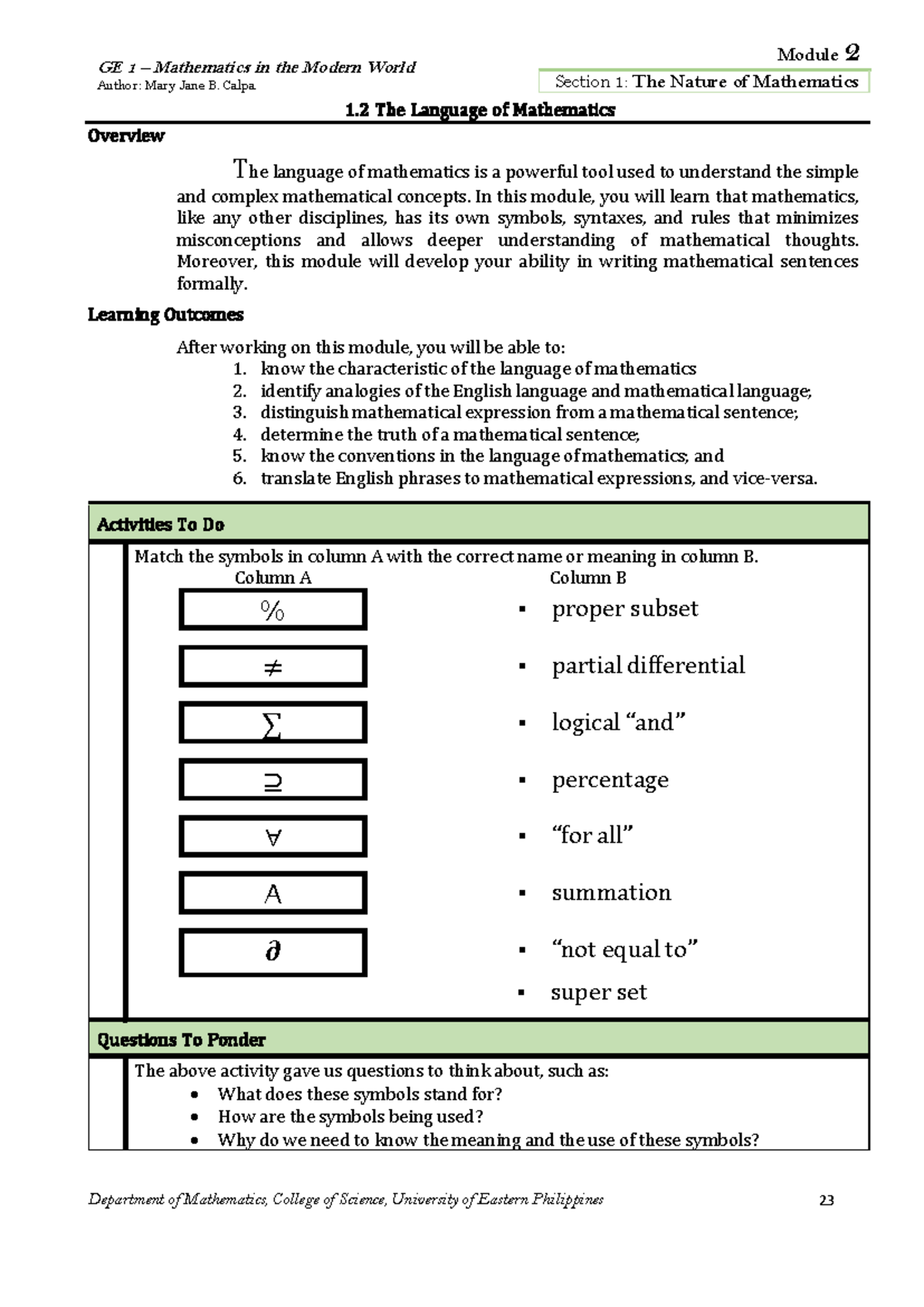 GE1 MMW Module 2 - Section 1: The Nature of Mathematics GE 1 – Mathematics in the Modern World ...