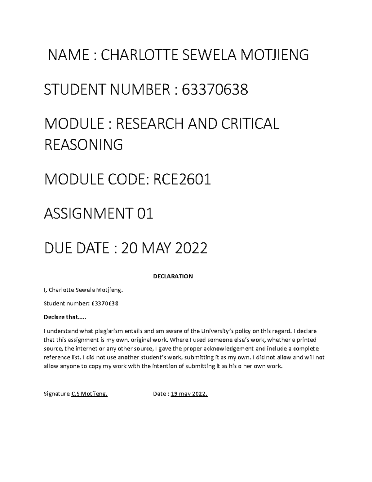 RCE2601 - My own original work - NAME : CHARLOTTE SEWELA MOTJIENG ...