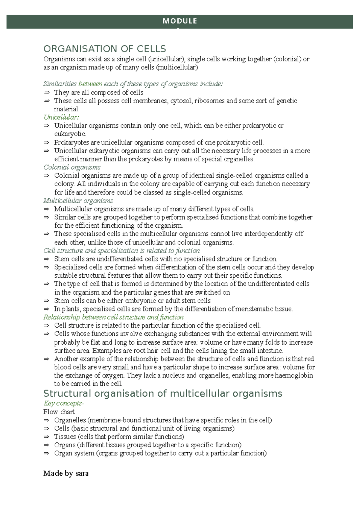 Biology Module 2 PRELIM - ORGANISATION OF CELLS Organisms can exist as ...