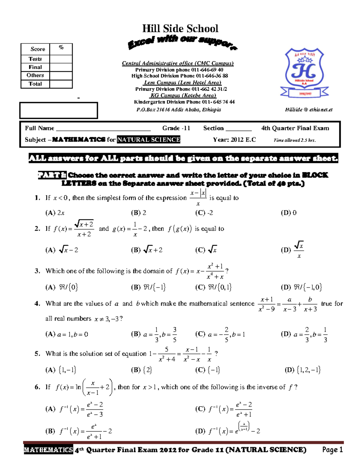 Mathematics 4th Quarter Final Exam 2012 for Grade 11 (NATURAL SCIENCE ...