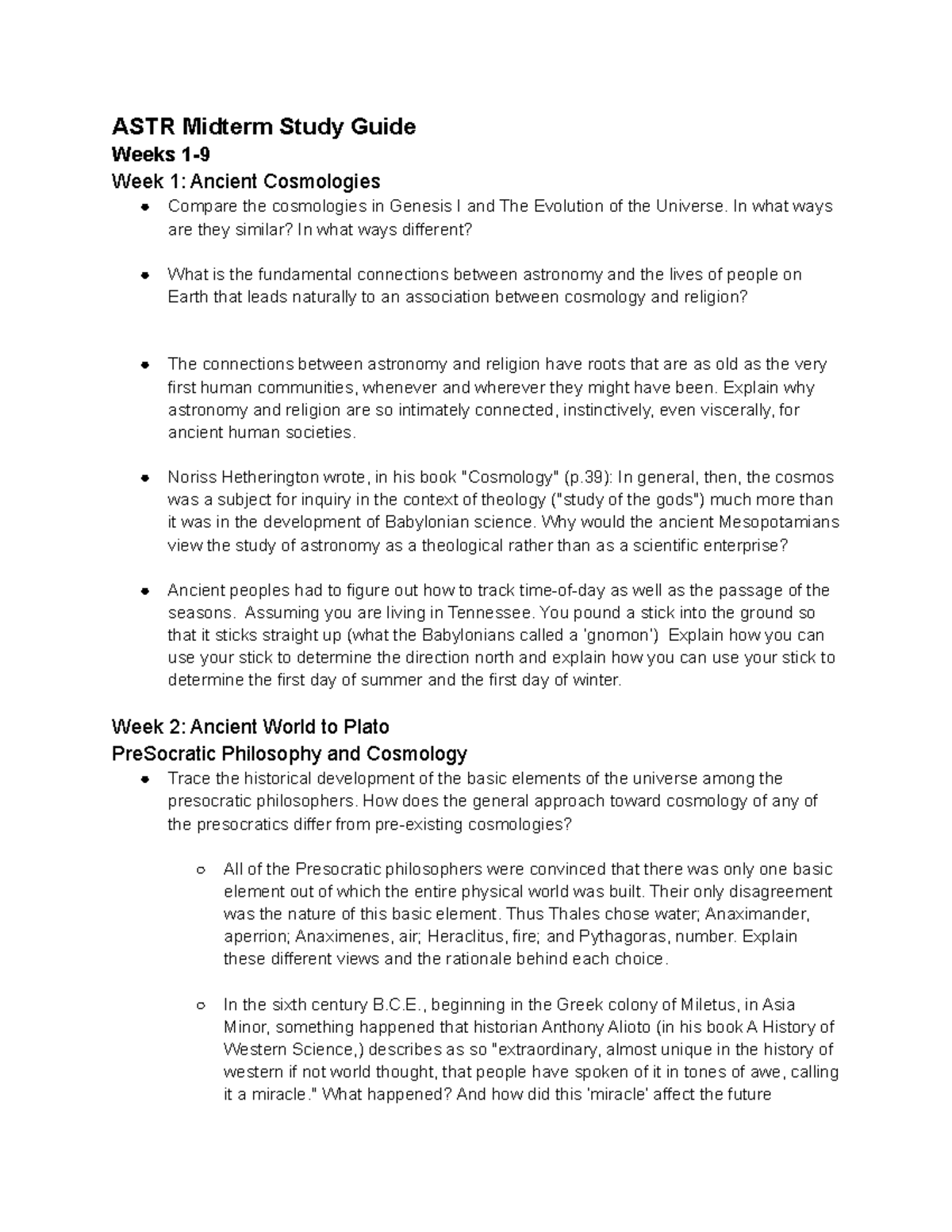 Trial of Galileo Midterm Study Guide Weeks 1-9 - ASTR Midterm Study Guide Weeks 1- Week 1 ...