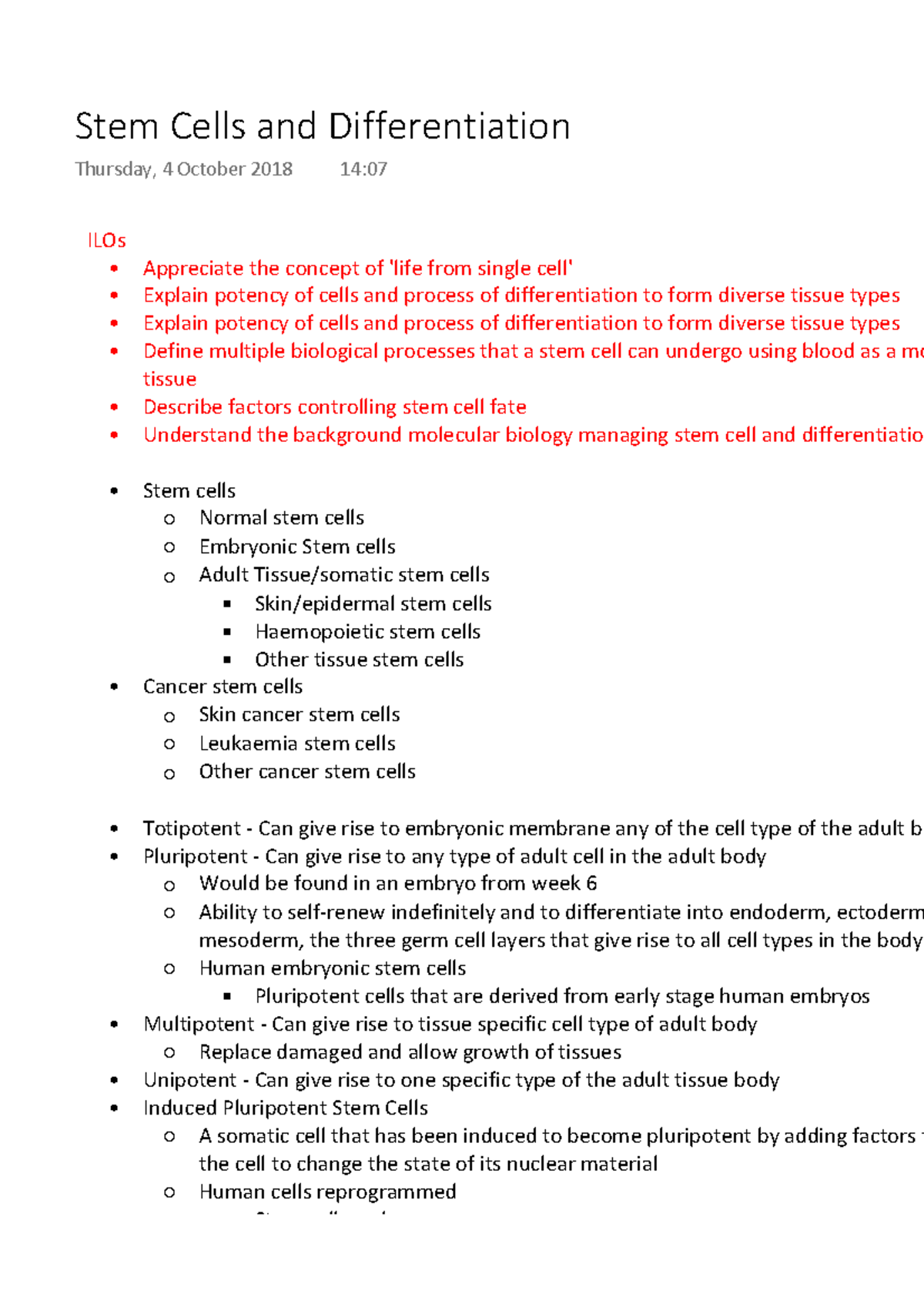Stem Cells and Differentiation - ILOs Appreciate the concept of 'life ...
