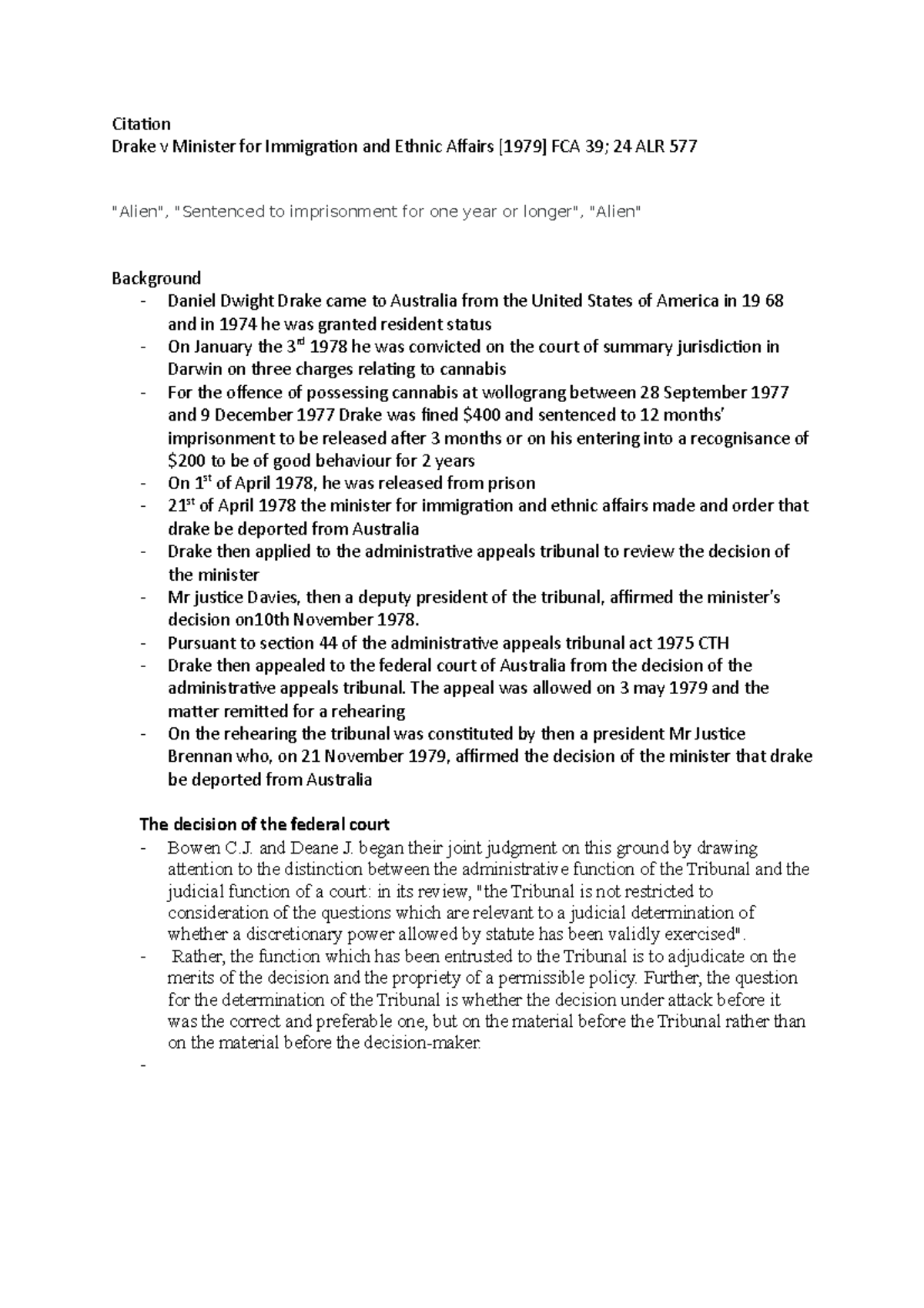 Drake v Minister for Immigration and Ethnic Affairs - Pursuant to ...