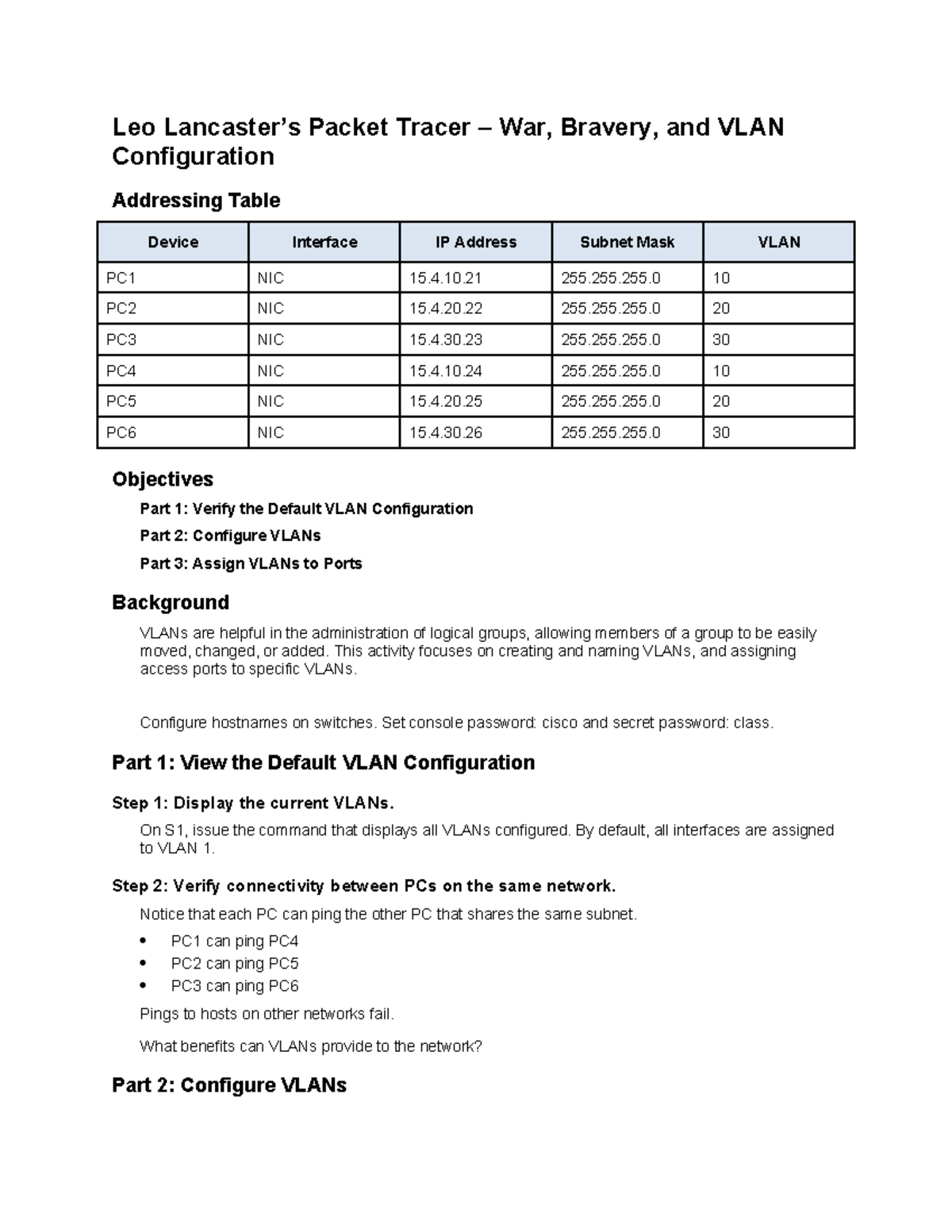 3 - hellp - Leo Lancaster’s Packet Tracer – War, Bravery, and VLAN ...