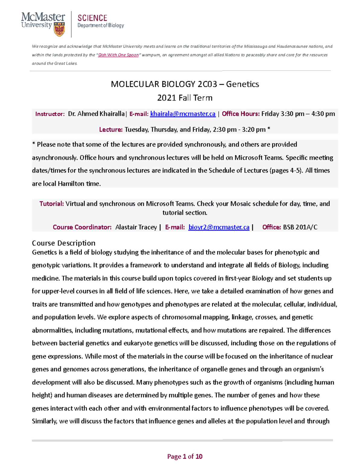 Molbiol 2C03 Fall 2021 - We recognize and acknowledge that McMaster University meets and learns ...