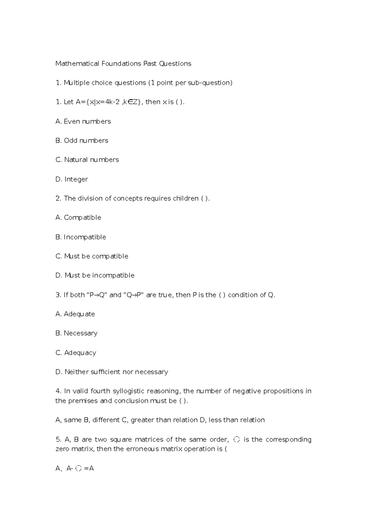 Mathematical Foundations Past Questions Mathematical Foundations Past Mathematical Foundations Past Questions Mathematical Foundations Past