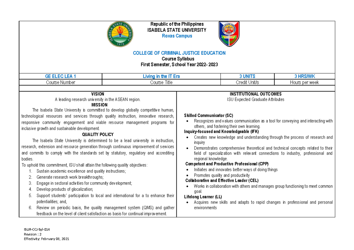 GE ELEC LEA 1 - Living-in-the-IT-Era syllabus NEW Format - ISUR-CCJ-Syl- Revision : 2 Republic ...