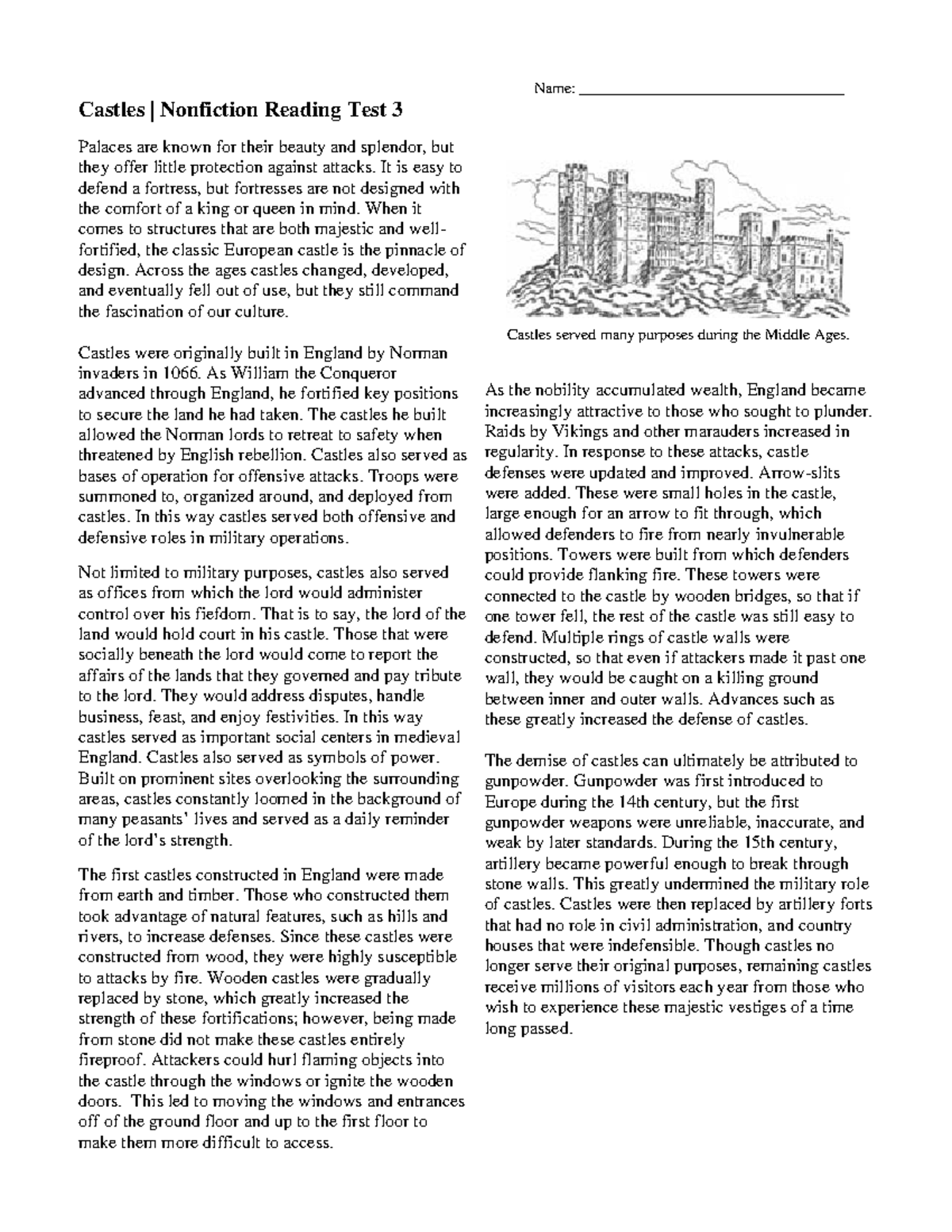 Nonfiction reading test 3 castles - Name ...