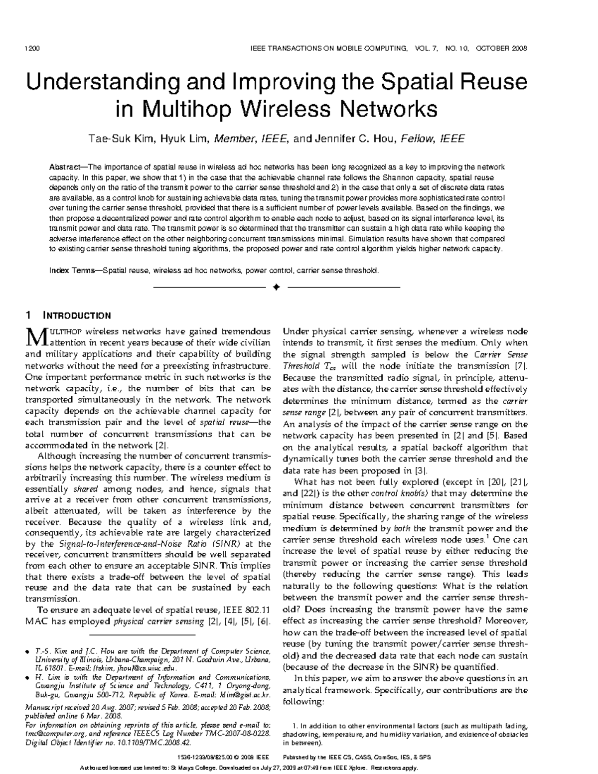 Spatial Reuse Understanding And Improving The Spatial Reuse In Multihop Wireless Networks Tae