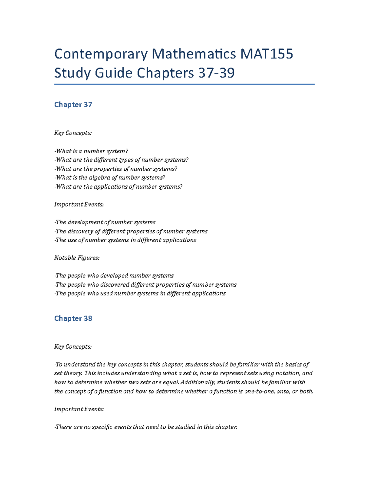 Contemporary Mathematics MAT155 Study Guide Chapters 37-39 ...