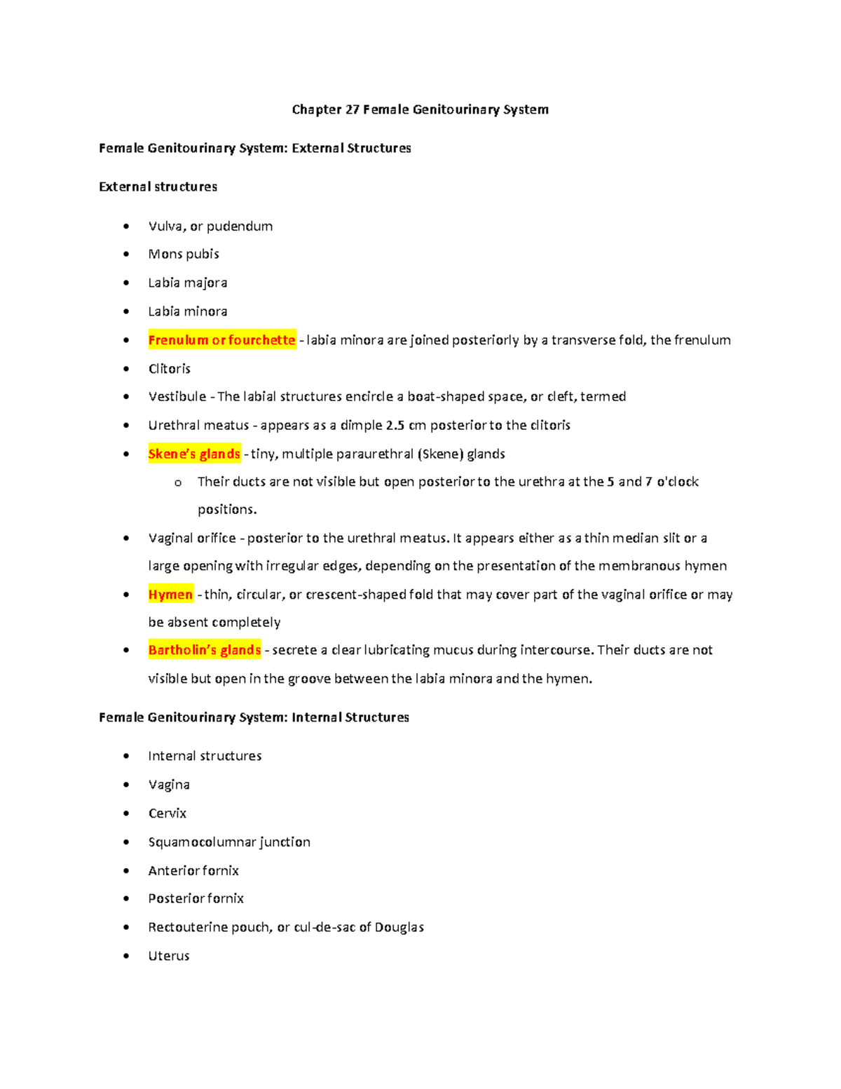 Chapter 27 Female Genitourinary System note taken inclass. - Chapter 27 ...