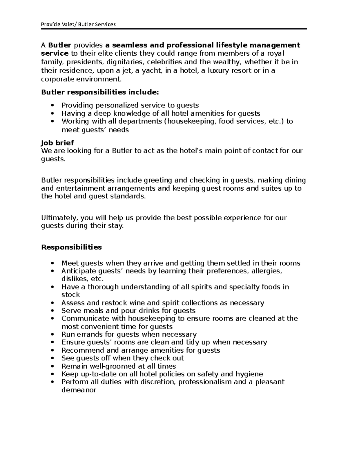 Butler Service Module - A Butler provides a seamless and professional ...