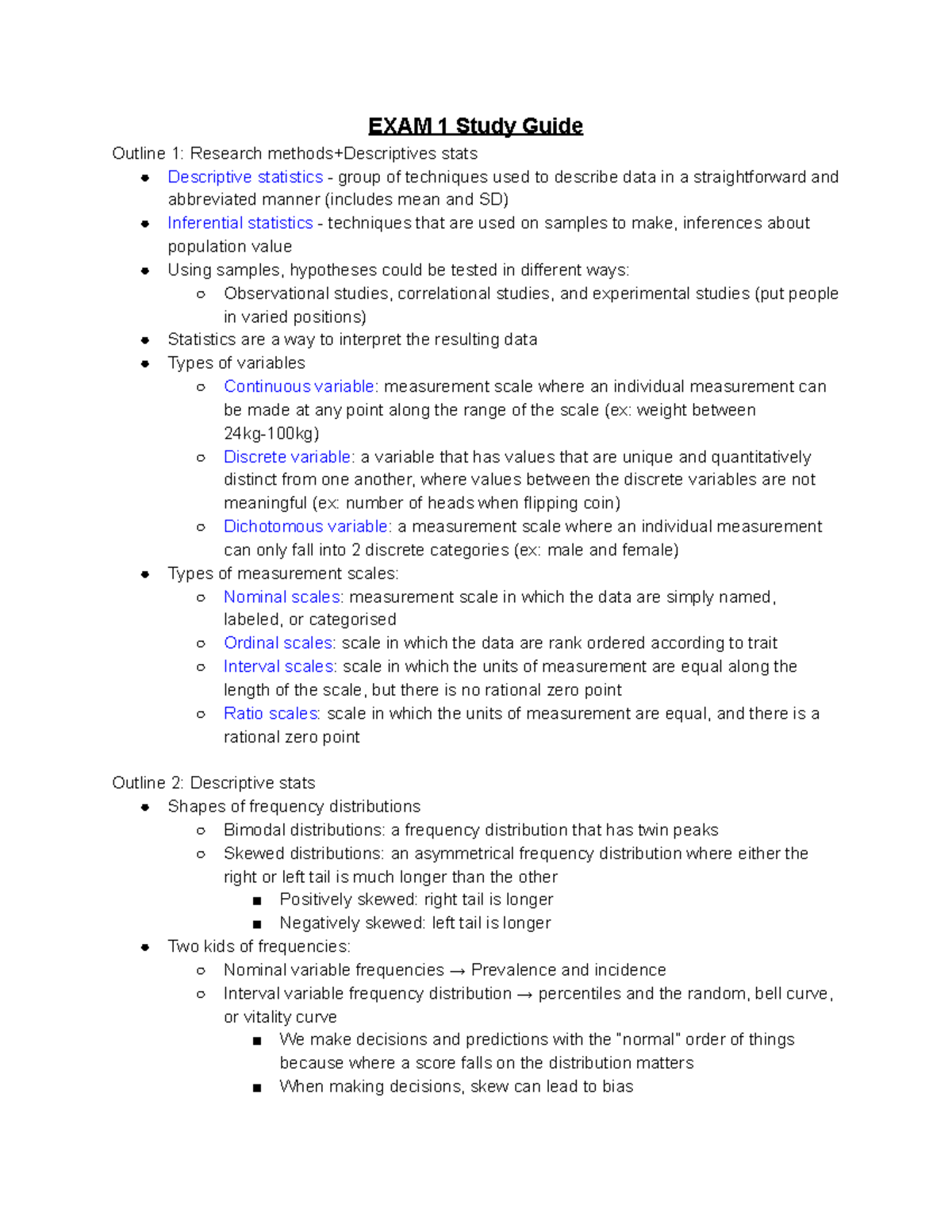 EXAM 1 Study Guide - EXAM 1 Study Guide Outline 1: Research methods ...