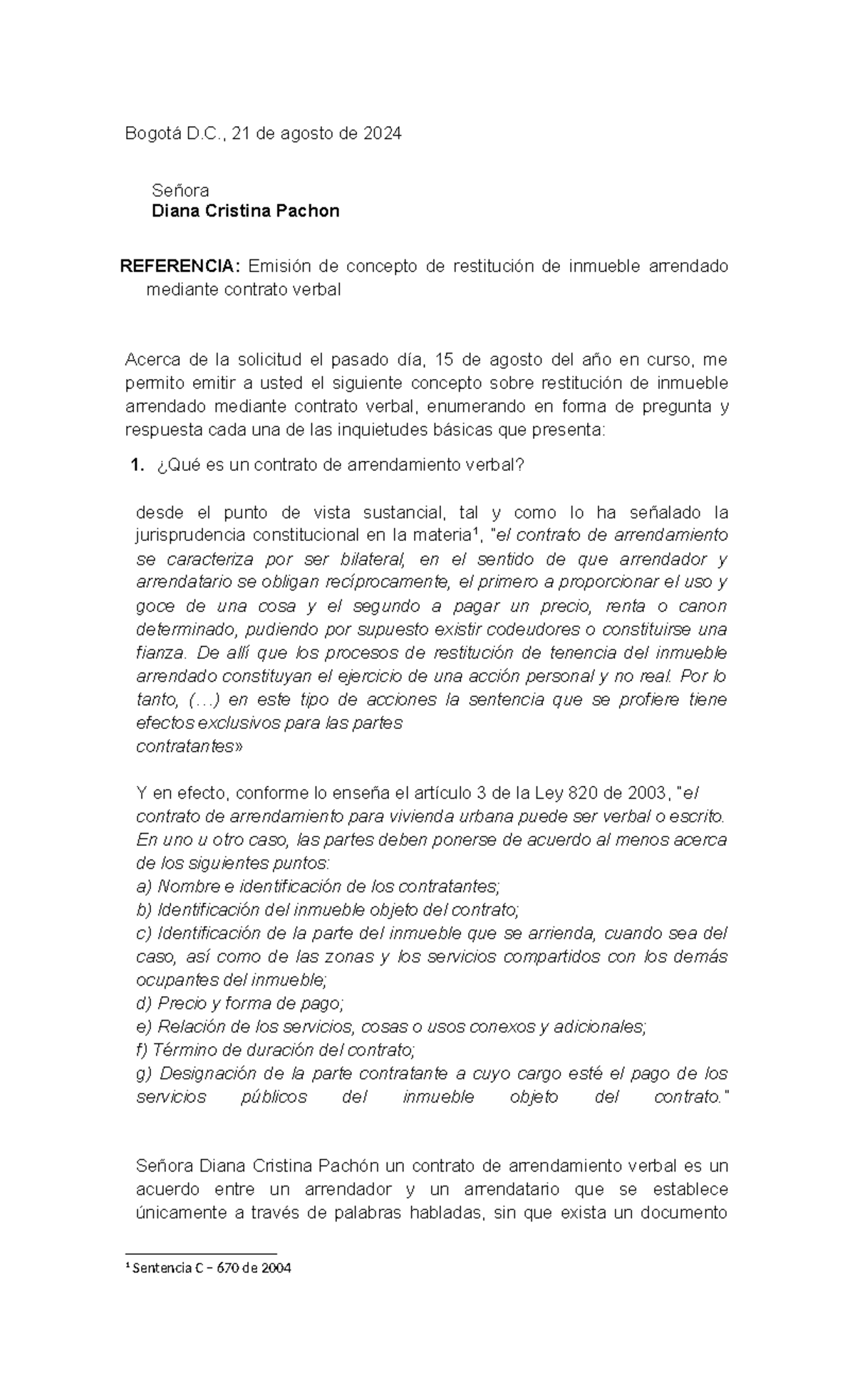Concepto Diana Pachon - asdad - Bogotá D., 21 de agosto de 2024 Señora ...