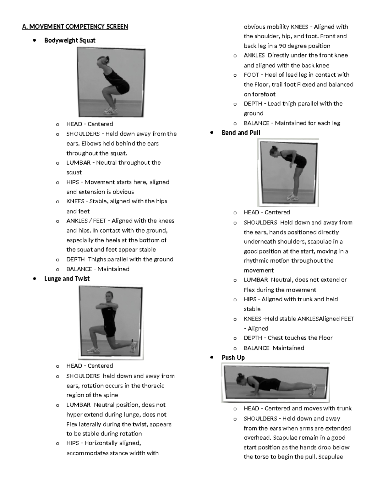 TPE-1101 Midterm-Notes - A. MOVEMENT COMPETENCY SCREEN Bodyweight Squat ...