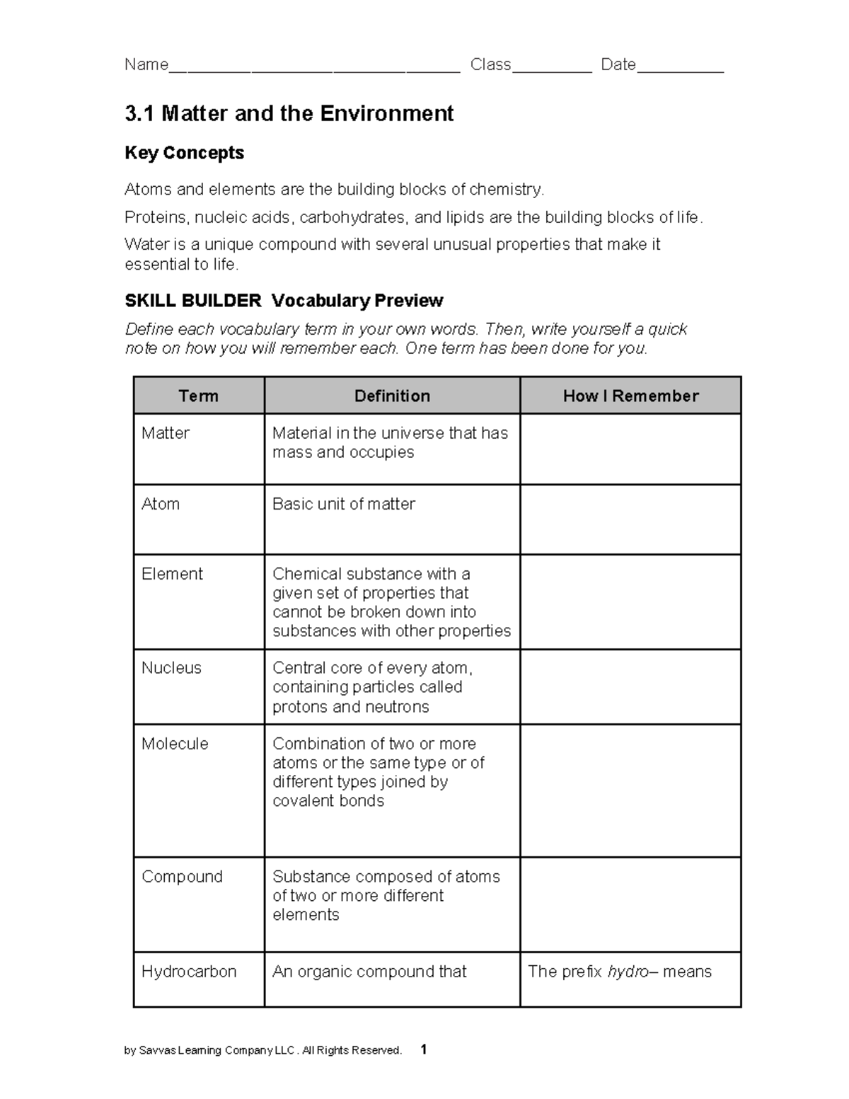 Environ Sci Chapter 3 Lesson 1 - 3 Matter and the Environment Key Concepts Atoms and elements ...