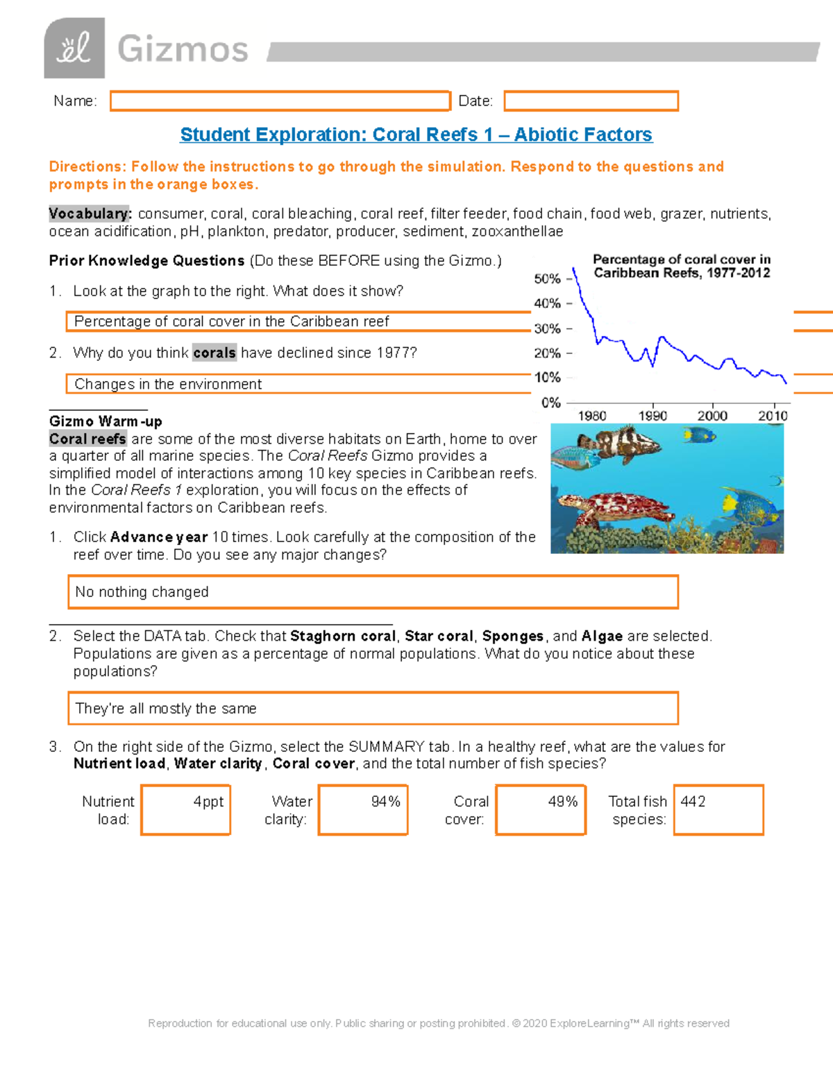 Copy of Coral Reef 1SE - biology - Name: Date: Student Exploration ...