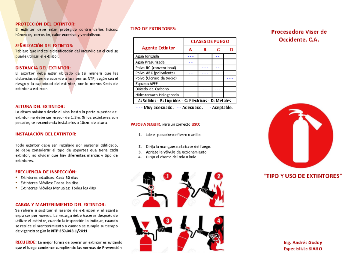 ( Triptico) TIPO Y USO DE Extintores - PROTECCIÓN DEL EXTINTOR: El extintor debe estar protegido ...