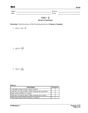 SH1902 - General Mathematics 01 Worksheet 1 - SH 01 Worksheet 1 ...