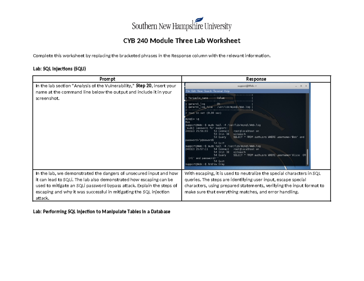 CYB 240 Module Three Lab - Lab: SQL Injections (SQLi) Prompt Response ...